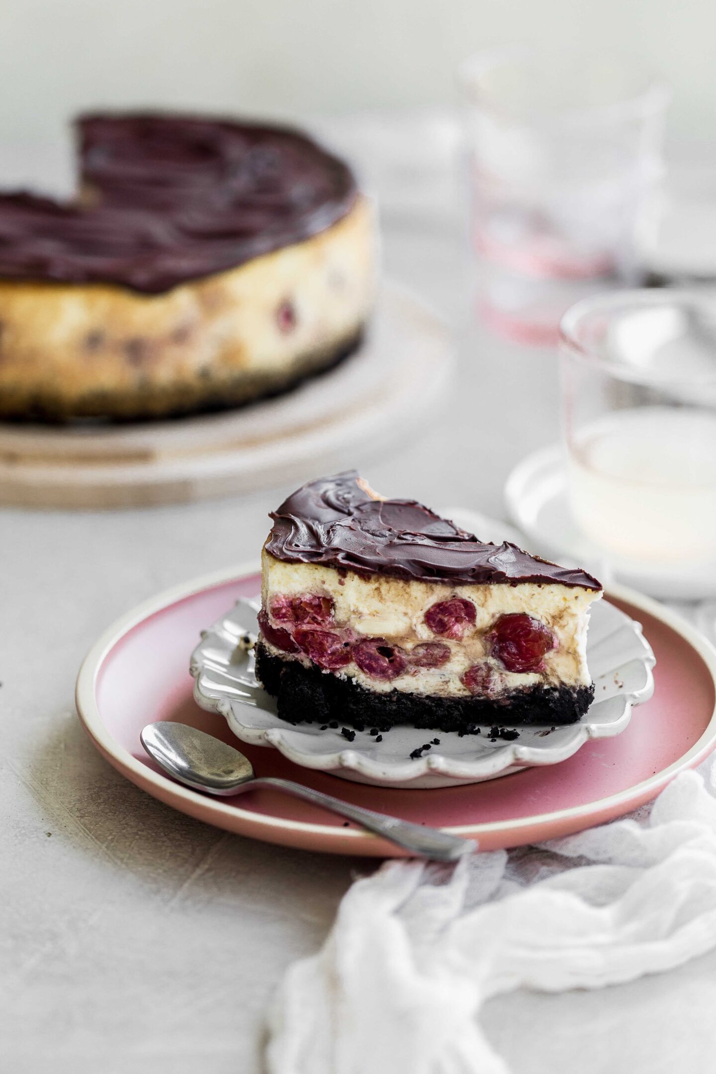 Creamy Cherry Cheesecake with Chocolate Crust- Frosting and Fettuccine