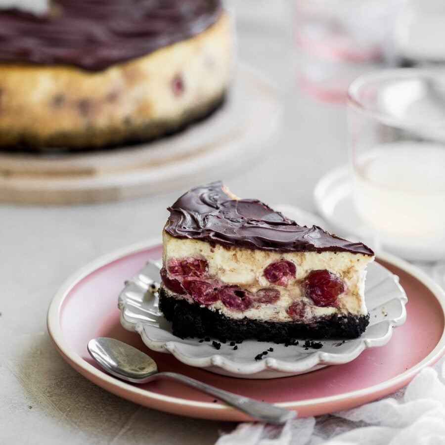 Creamy Cherry Cheesecake with Chocolate Crust- Frosting and Fettuccine