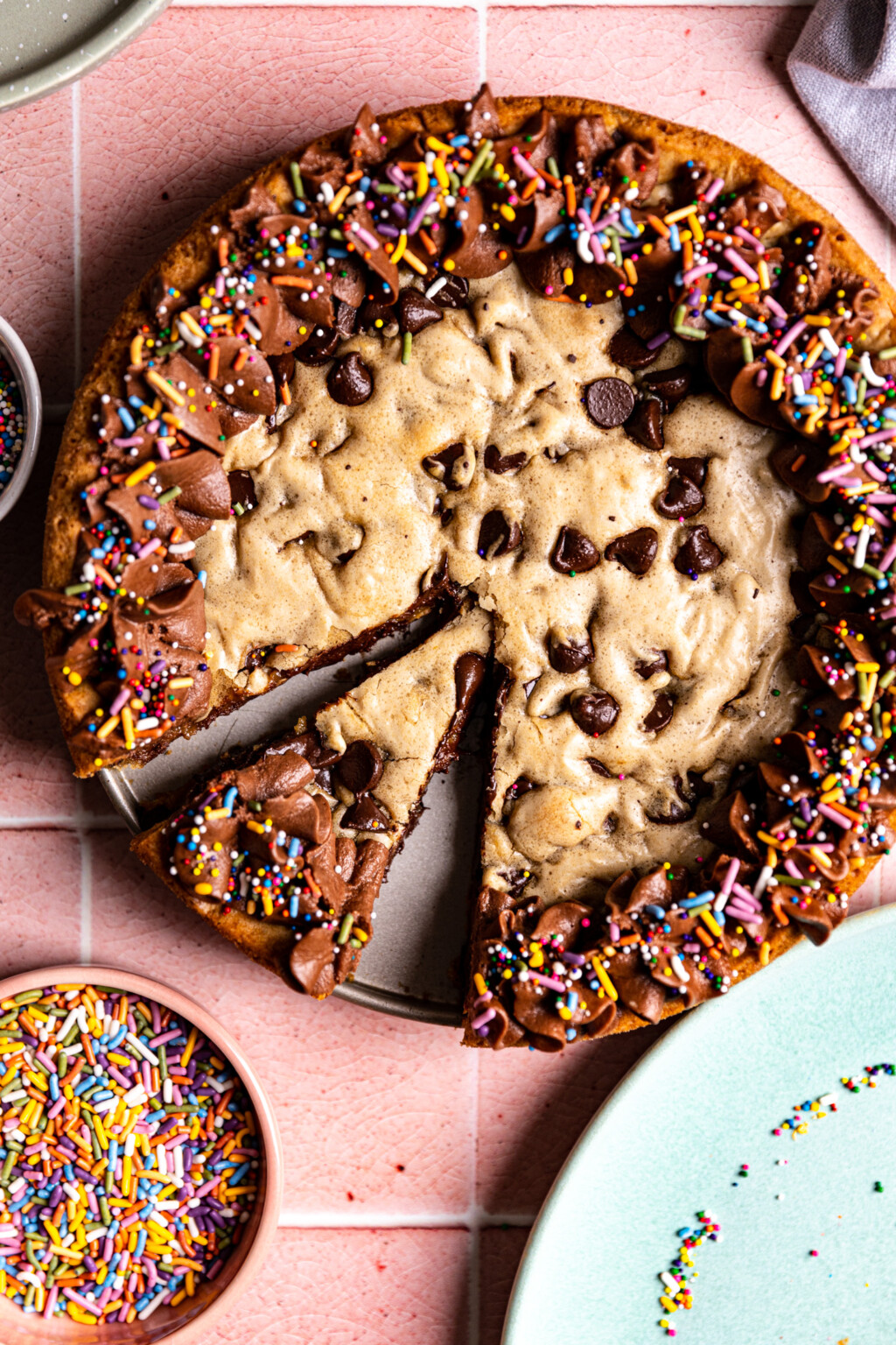 Easy Homemade Chocolate Chip Cookie Cake - Frosting and Fettuccine